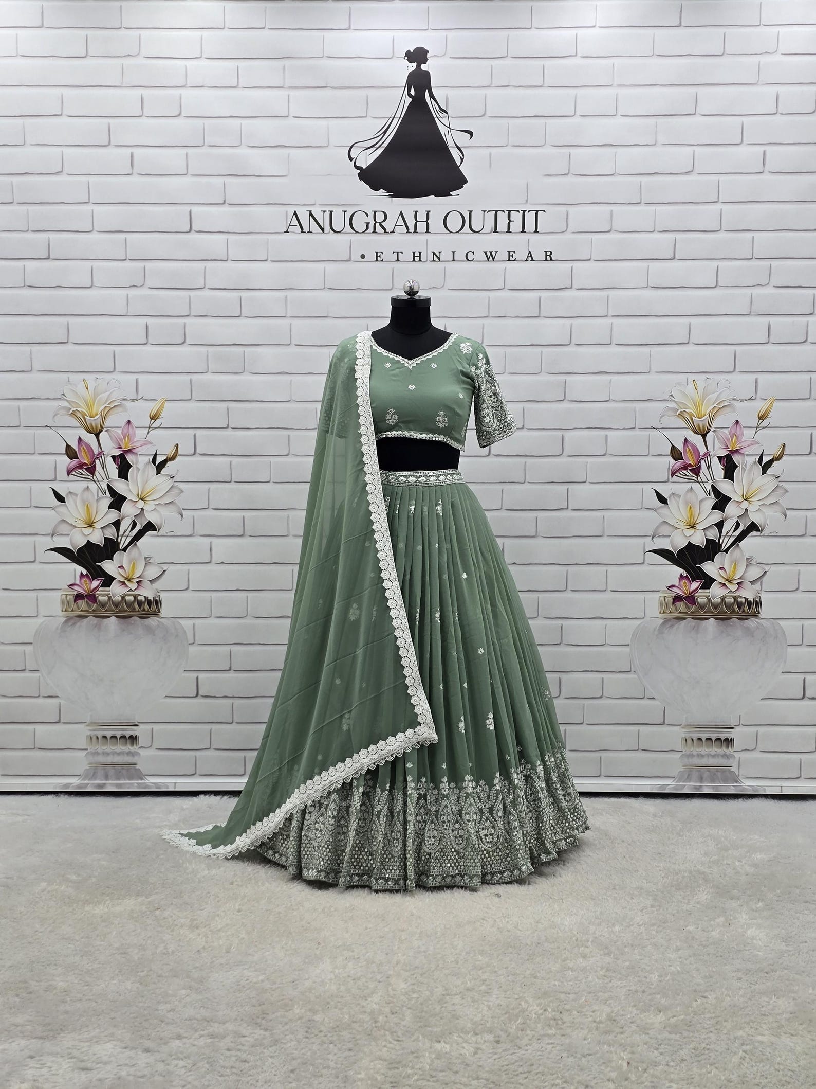 Pista Green Faux Georgette Lehenga Choli, Thread Sequence Work, Indian ...