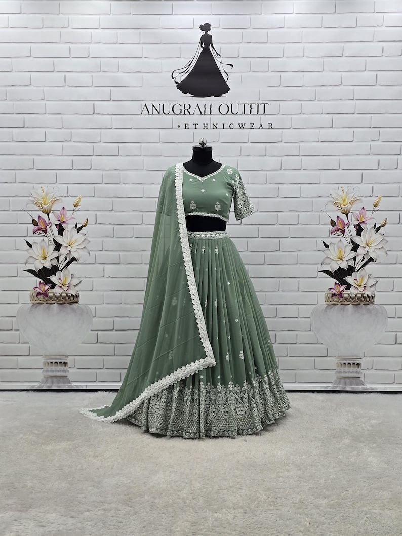 Pista Green Faux Georgette Lehenga Choli, Thread Sequence Work, Indian ...