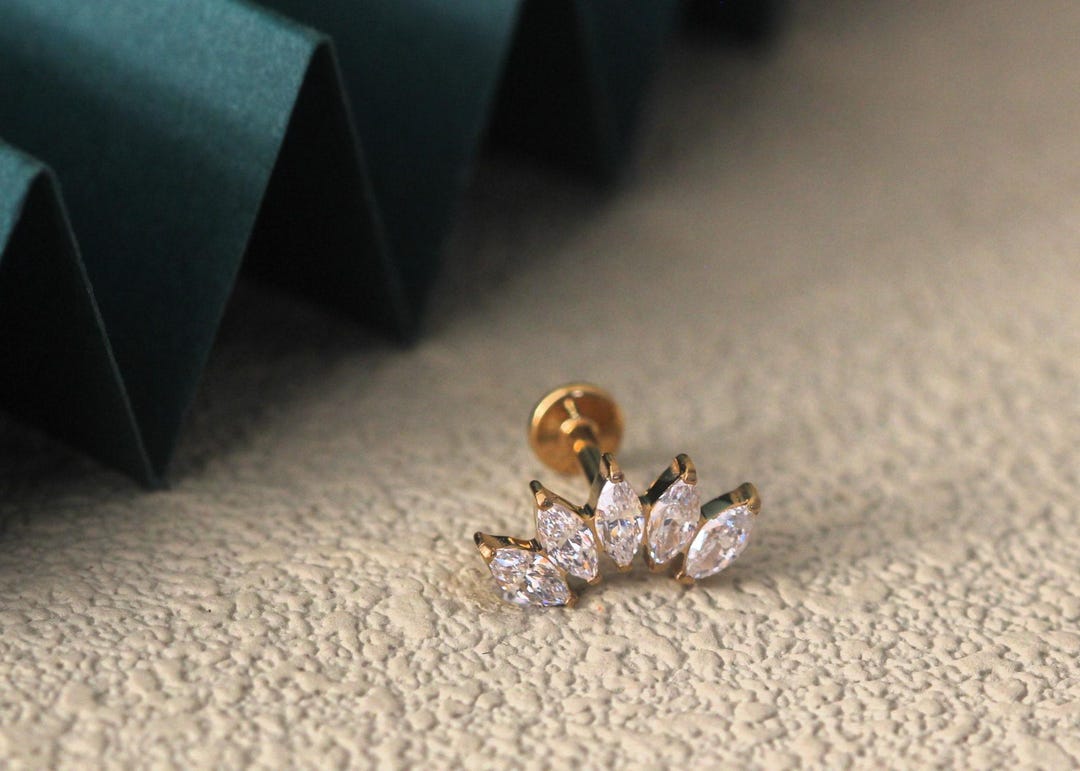 G23 Grade Titanium Marquise CZ Tragus Top Push Fit With Flat Back ...