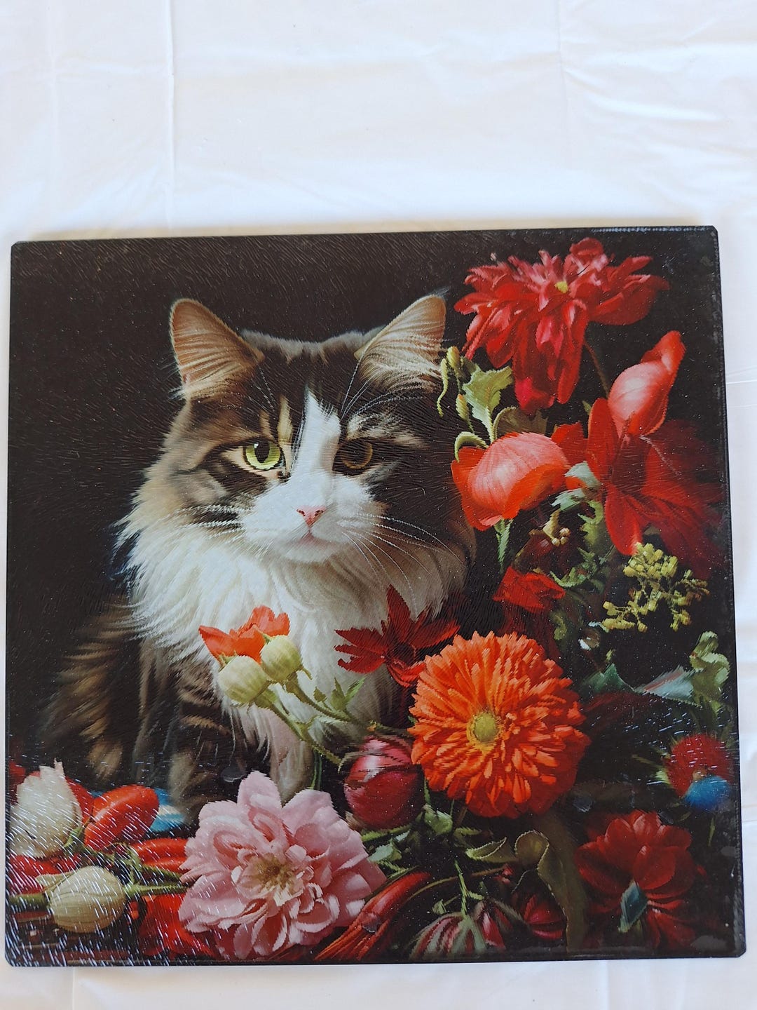 Realistic Floral Cat Design Trivet, 8x8 Inch Square Glass Cutting Board ...