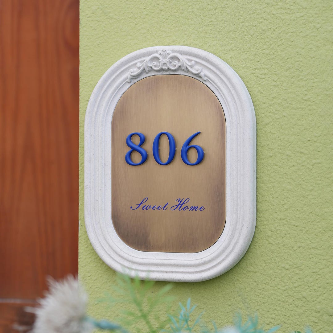 Brass Engraved Stone House Sign.address Sign Blue Door Numbers Inlaid ...