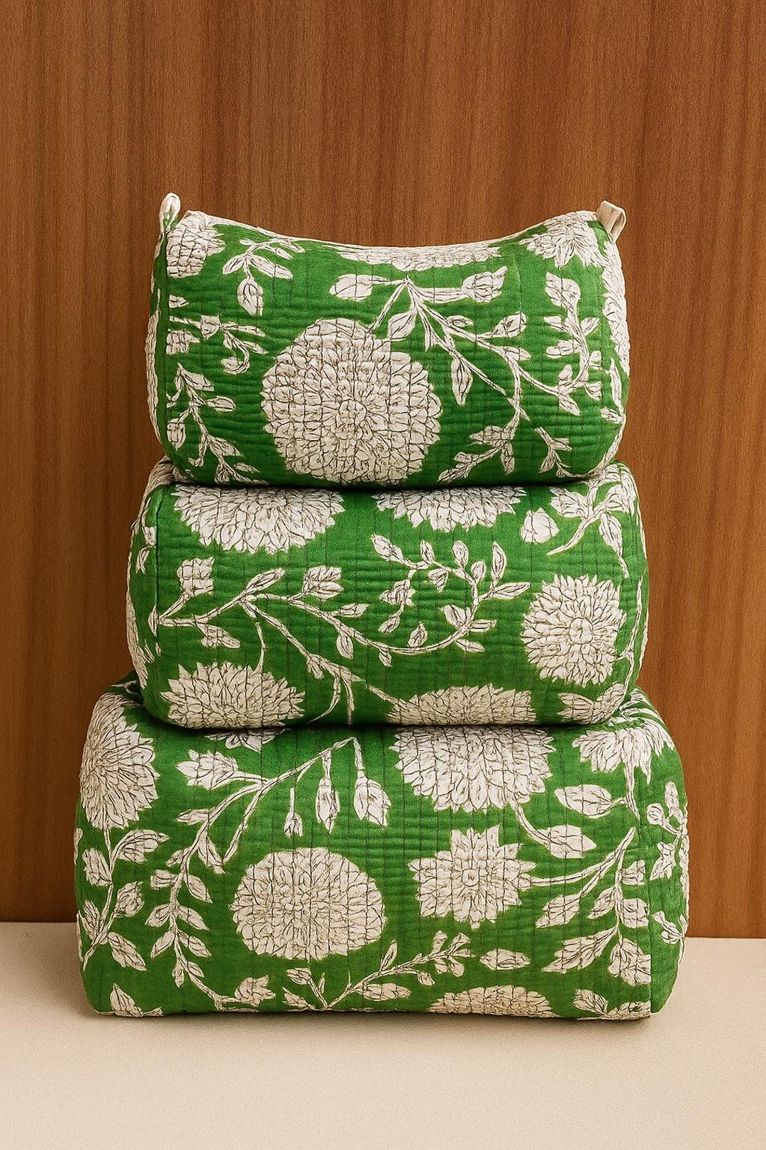 Handmade Block Print Cotton Pouch Set: Quilted Floral Travel Bags - Etsy