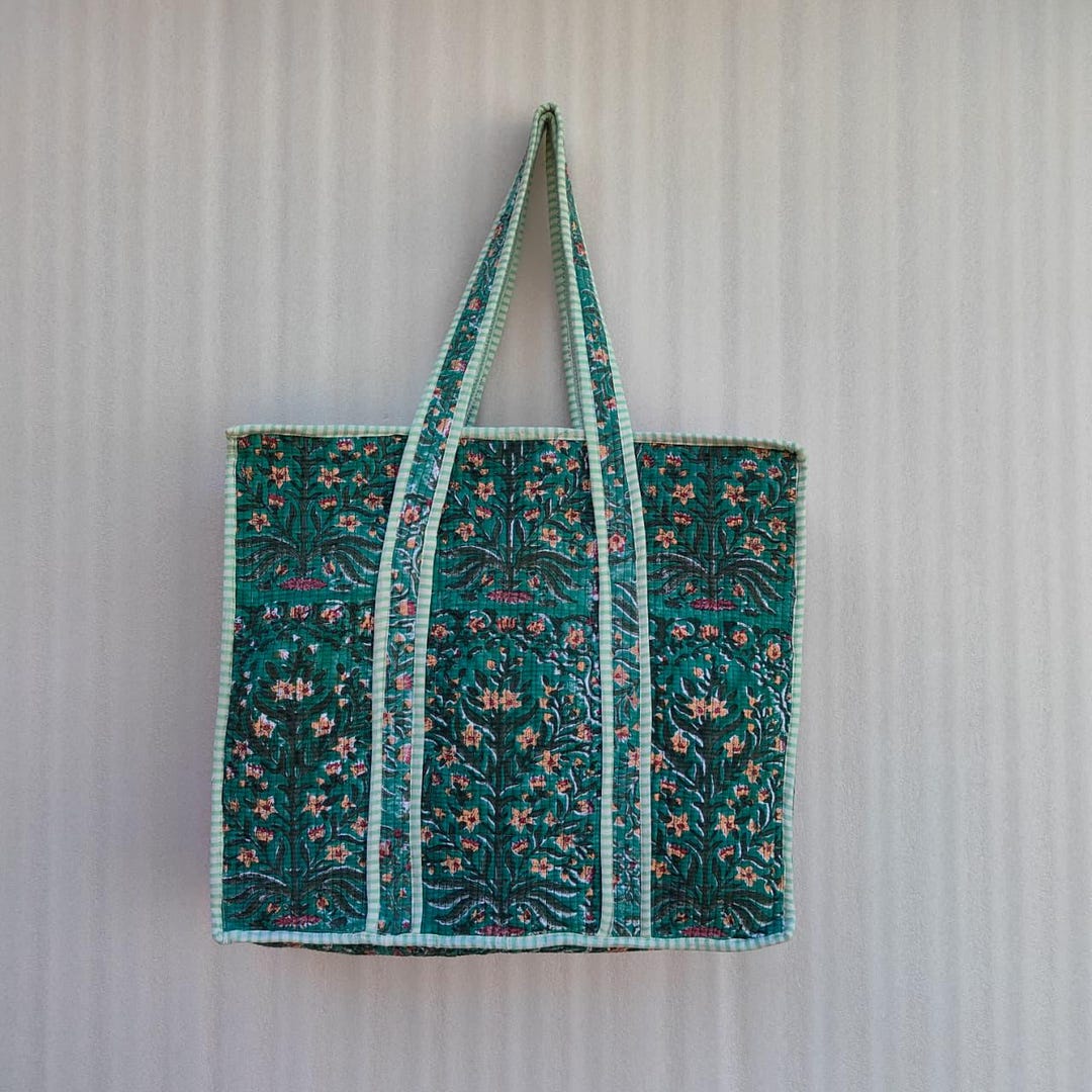 Handmade Block Print Cotton Tote Bag: Quilted Travel Market Bag - Etsy