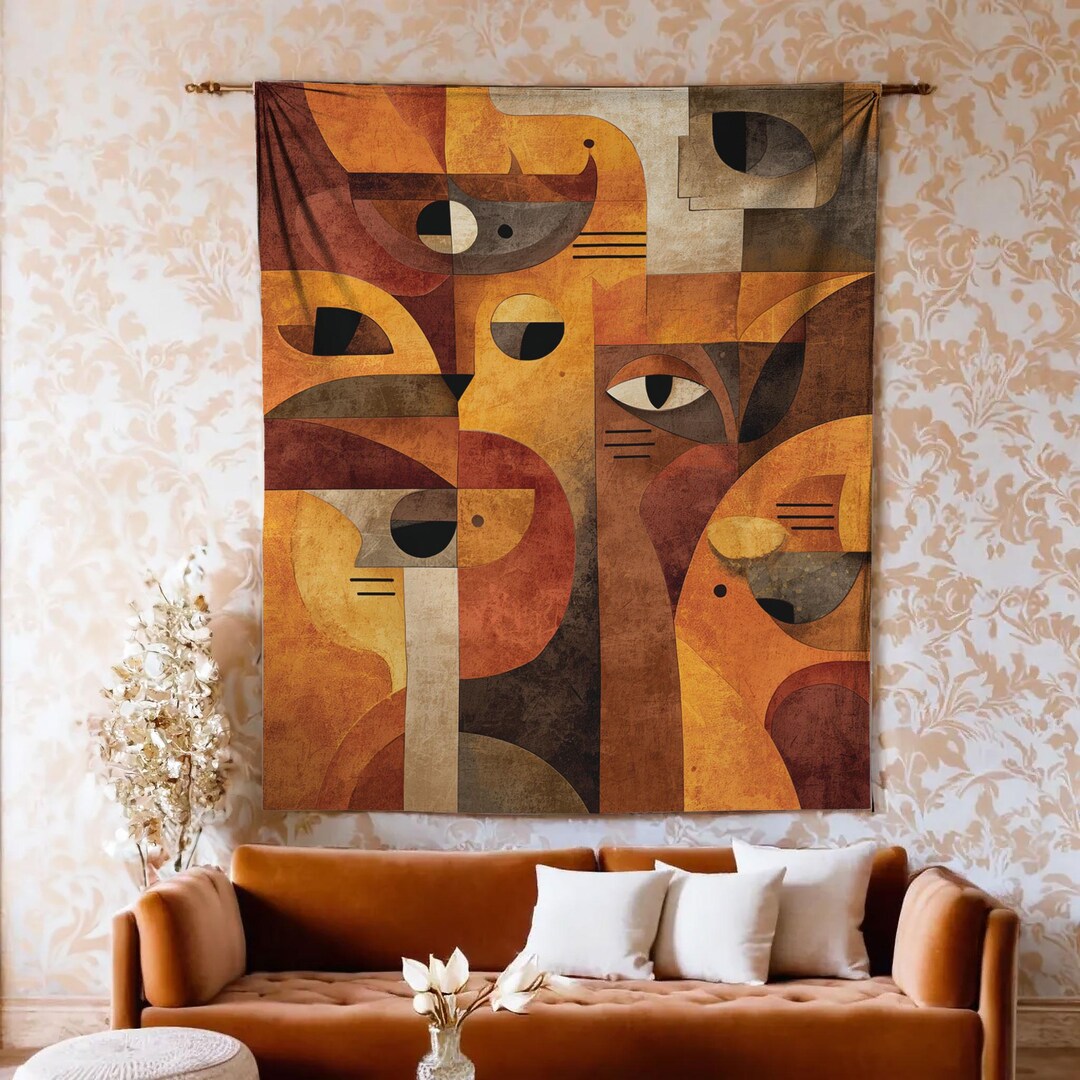 Abstract Cubist Cat Wall Tapestry, Modern Feline Art Decor Tapestry ...