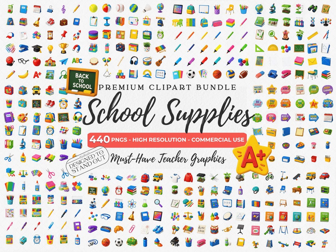 School Supplies Clipart Bundle, Teacher Graphics Set, Back to School ...