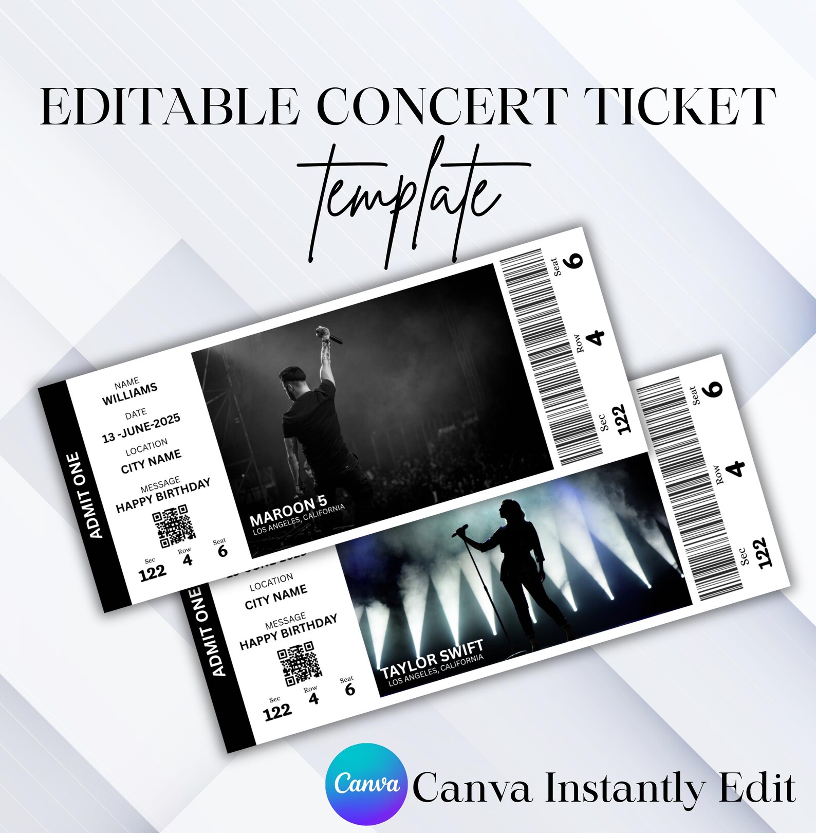 Editable Concert Ticket Canva, DIY Tickets Template, Printable Custom Concert Ticket, Birthday ...