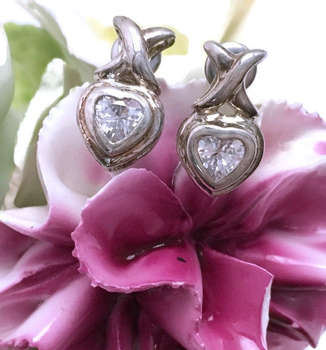 Vintage Sterling Silver Rhinestone Heart Stud Earrings - Etsy