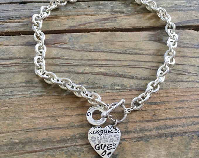 Guess Brand Heart Logo Charm Chain Link Choker Necklace Silver Tone ...