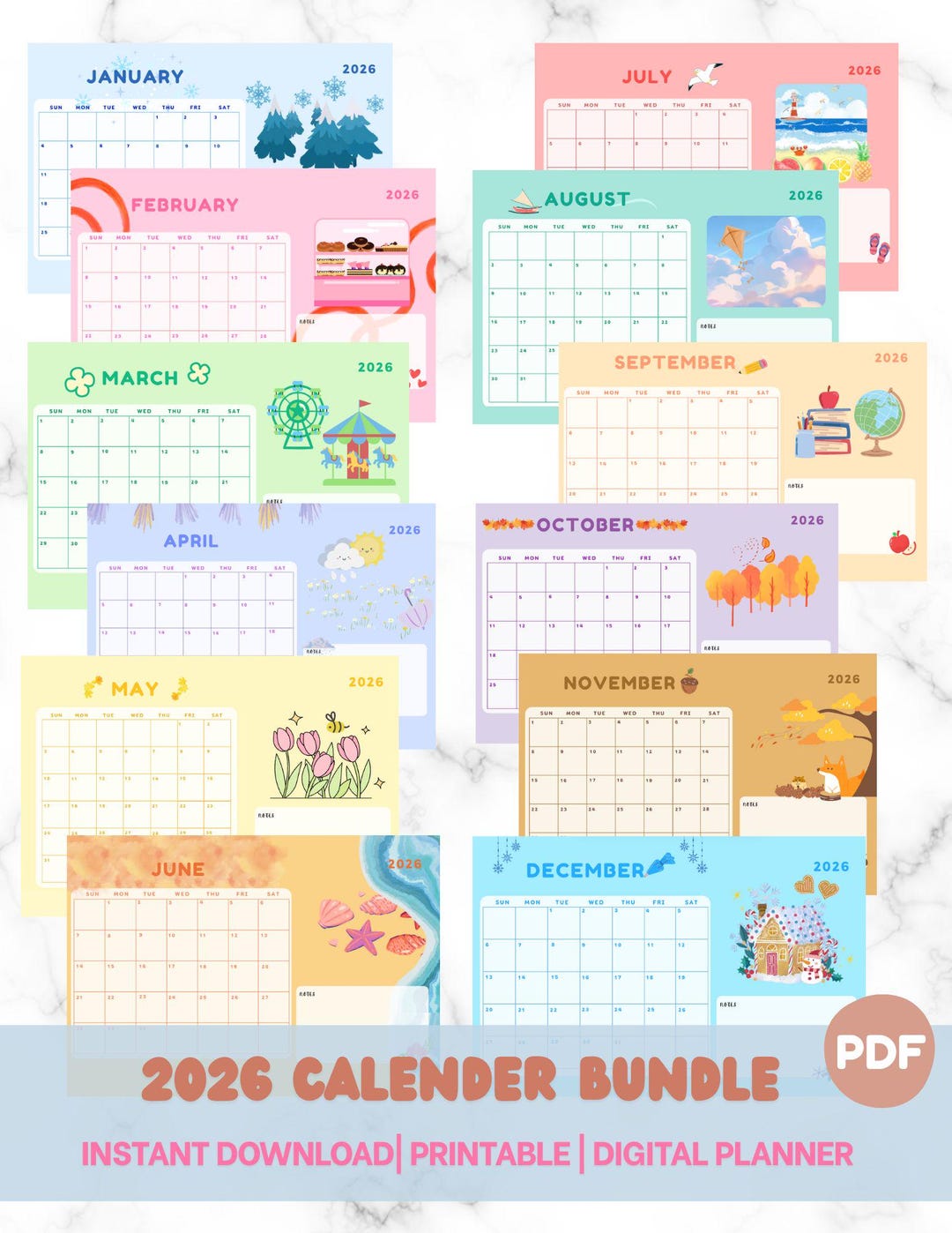 2026 Printable Digital Calendar Bundle | 12 Monthly Themed Calendars ...