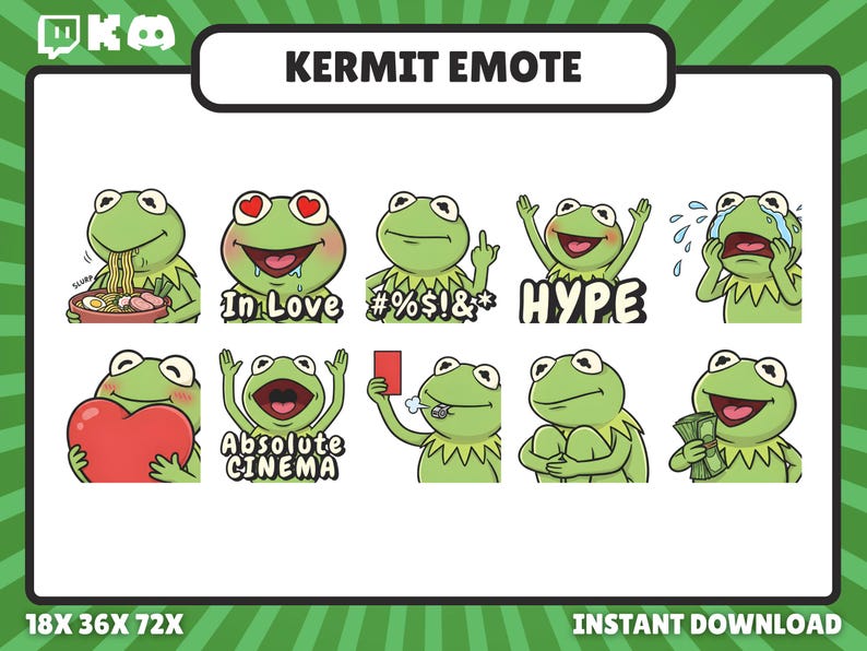 Kermit Frog Emote Pack for Twitch, Cute Stream Emotes, 20x Kermit ...
