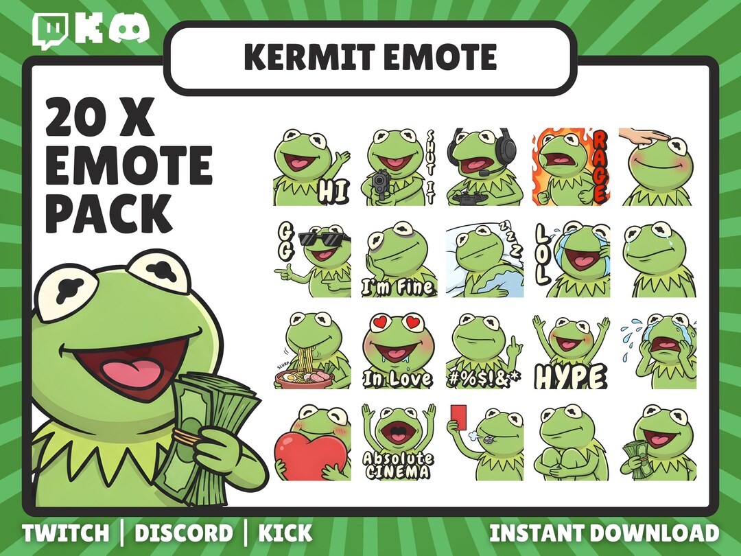 Kermit Frog Emote Pack for Twitch, Cute Stream Emotes, 20x Kermit ...