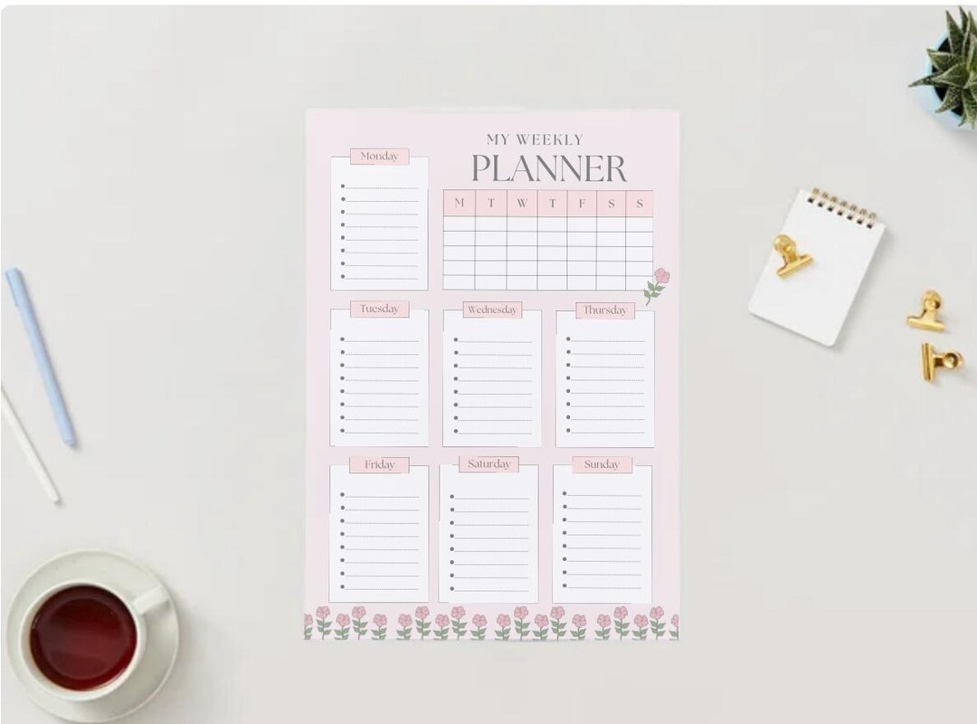 Pink Floral Weekly Planner – Aesthetic Productivity Wall Chart, Double ...