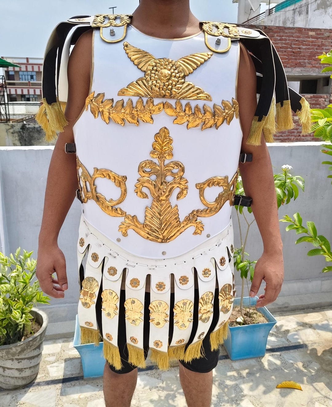 Greek Roman Armor Costume – King Richard White Leather Tunic & Cape ...