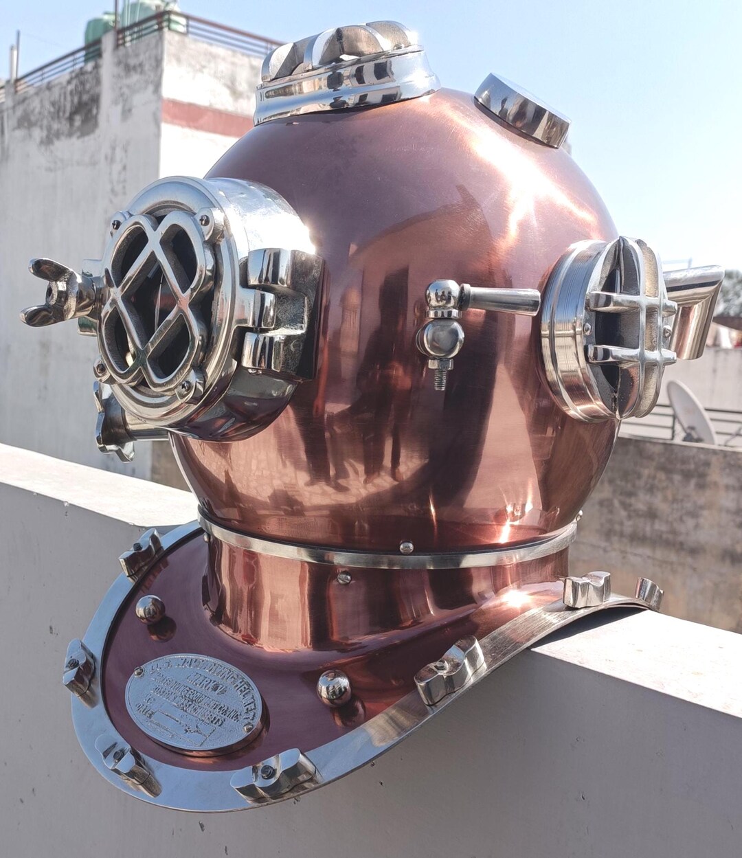 US Navy Mark V Diver Helmet Replica | Antique Copper & Wood Base - Etsy UK