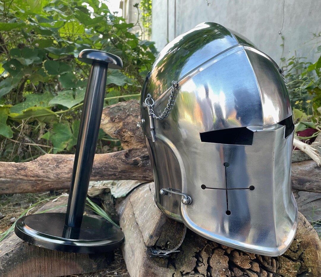 Medieval Barbute Knight Helmet With Display Stand – Steel Armor Replica ...