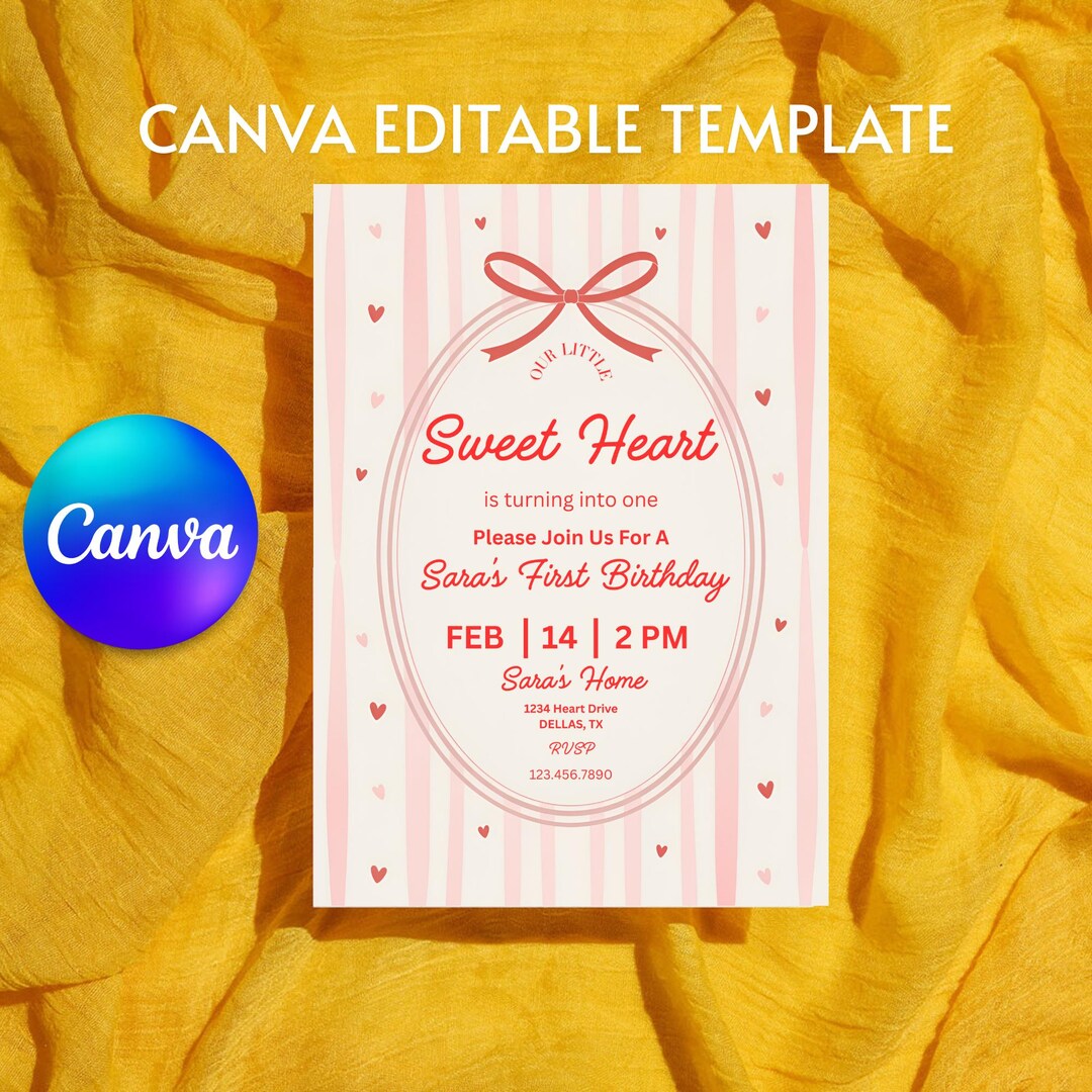 Heart Birthday Invitation, Canva Editable Template (instant Download ...
