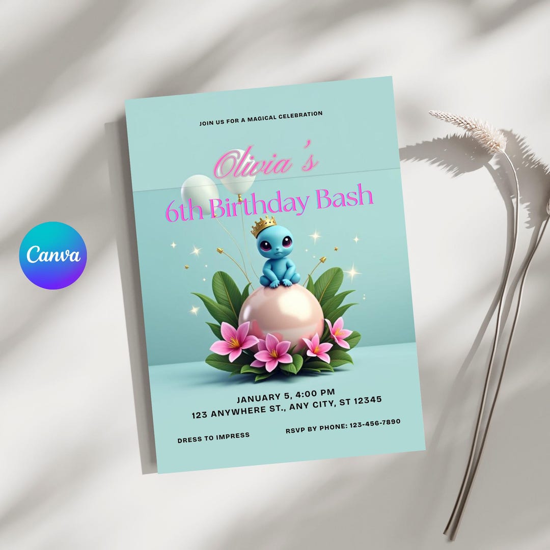 Birthday Invitation Canva Template for Girls, Magical Pastel Alien ...