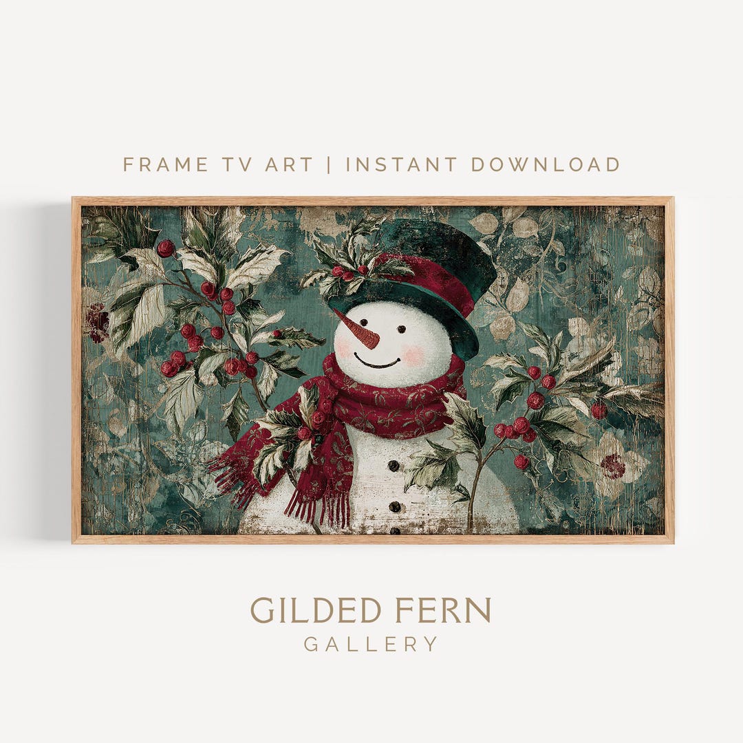 Vintage Snowman Christmas Frame TV Art, Green Background, Holly and ...