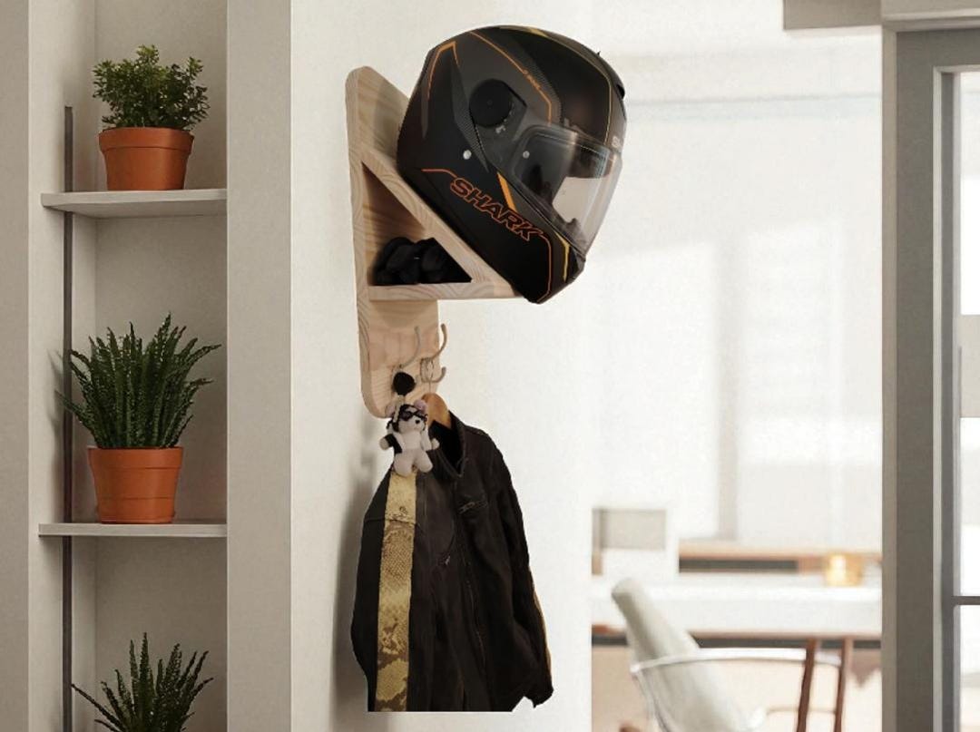Wooden Motorcycle Helmet Wall Mount - Helmet, Jacket & Gloves Holder ...