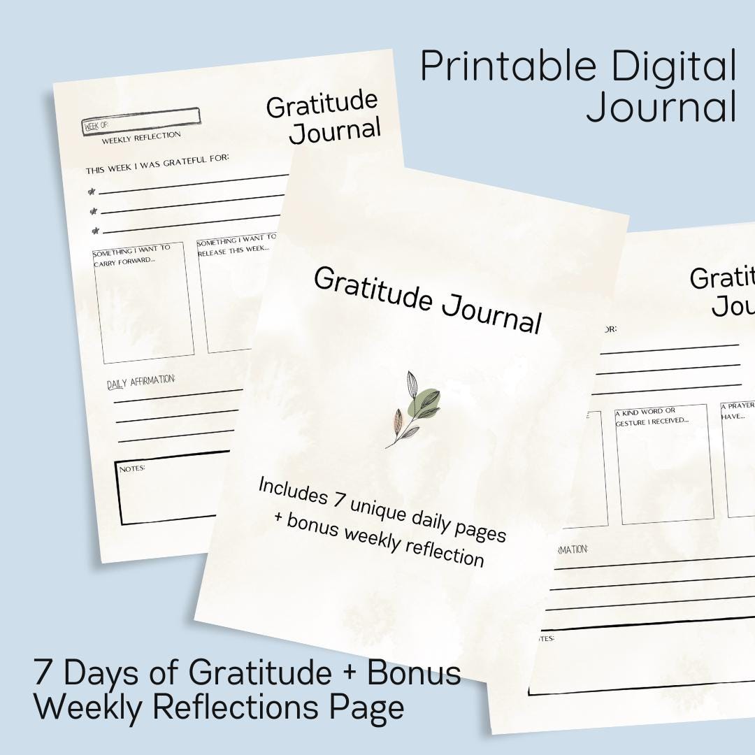 7 Day Gratitude Journal Bundle Printable PDF, Mindfulness Daily ...