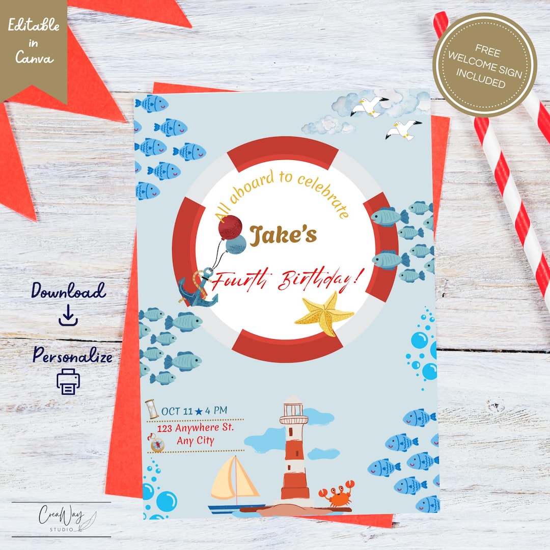 Nautical Birthday Invitation for Boy – All Aboard Boat Party – Editable ...