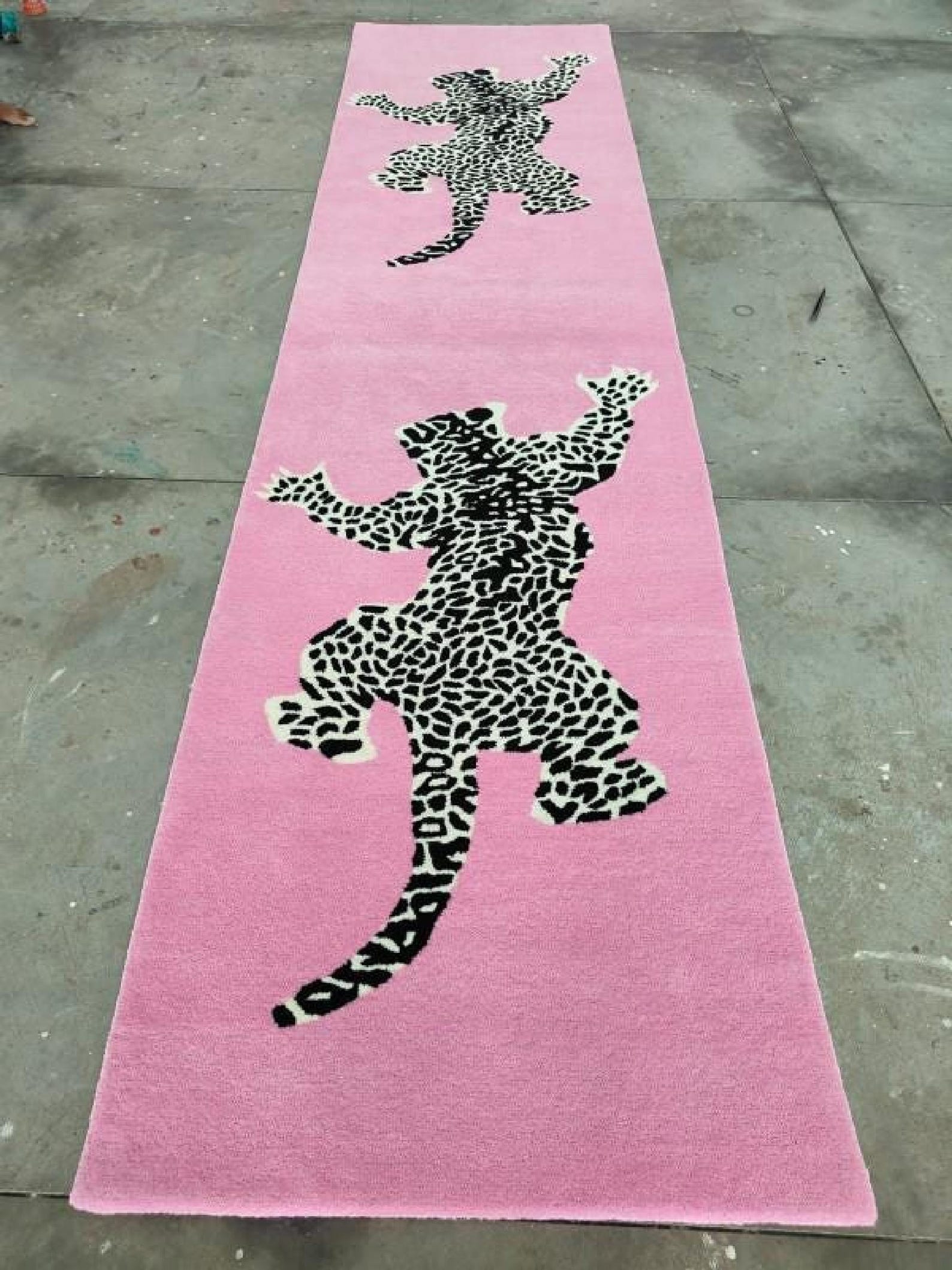 Leopard Runner Rug 3x12 Wool: Hand-tufted Animal Print, Pink Modern ...