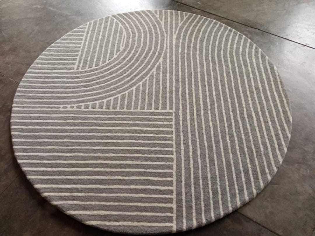 Grey Round Rug | Minimalist Line Pattern Rug | Hand Tufted 5ft Round ...