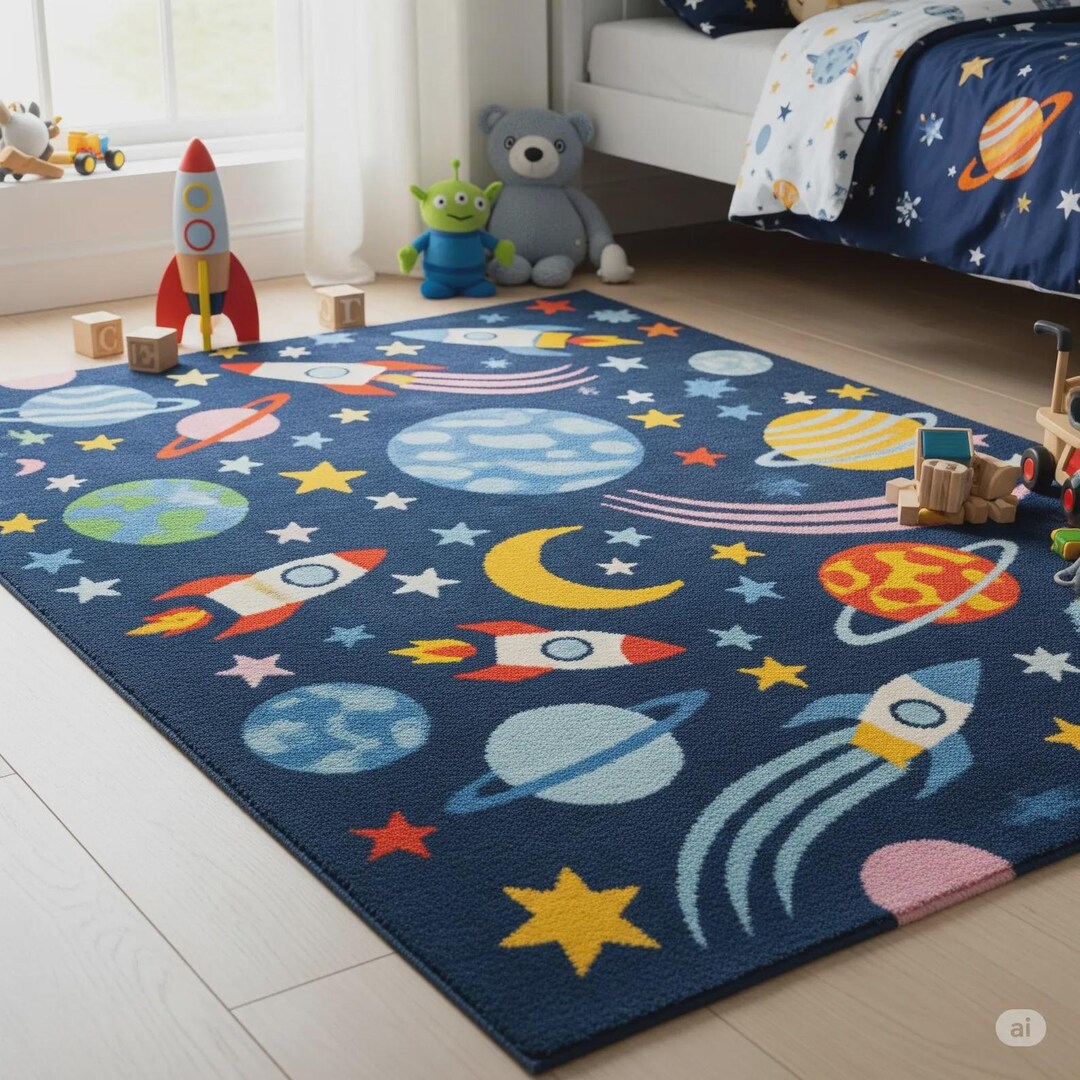 Hand Tufted Space Rug for Kids Room | Galaxy Rocket Nursery Decor ...
