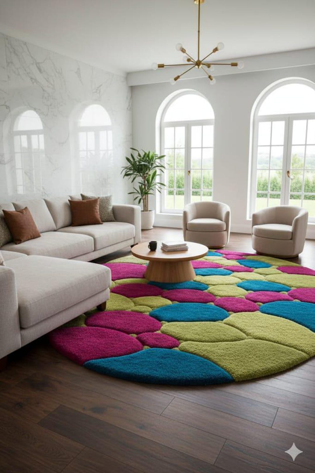 Modern Living Room With Colorful Round Area Rug and Neutral Furniture ...