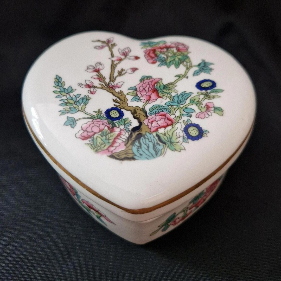 Indian Tree Design, Bone China Heart Shaped Trinket Pot. Vintage ...