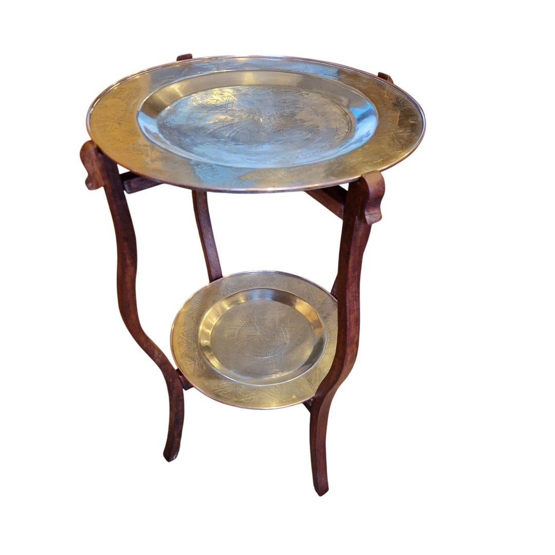 Antique Chinese Folding 2 Tier Table With 2 Etched Brass Trays With ...