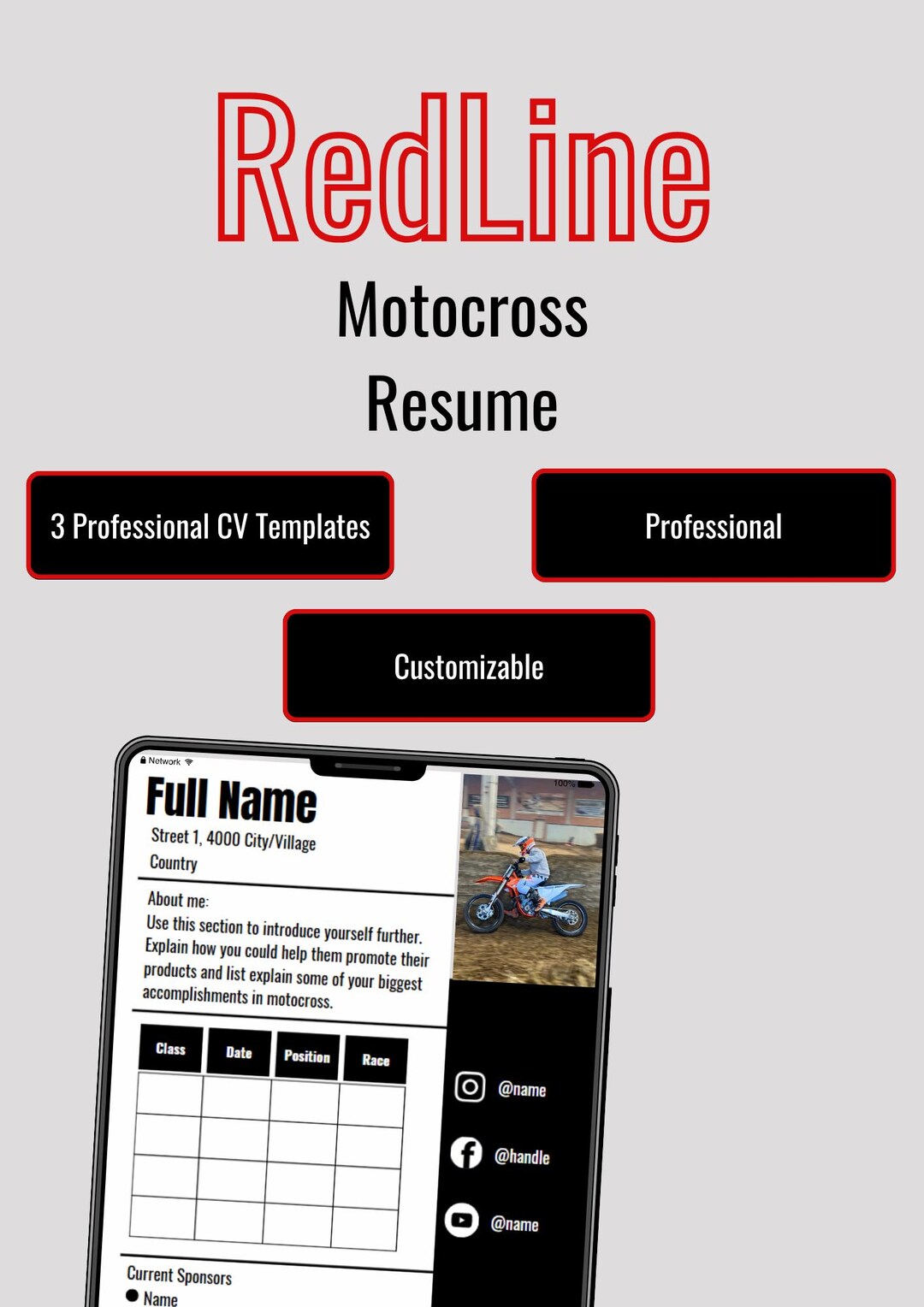 Motocross Rider Resume Template | Motocross CV | Editable Racing Resume ...