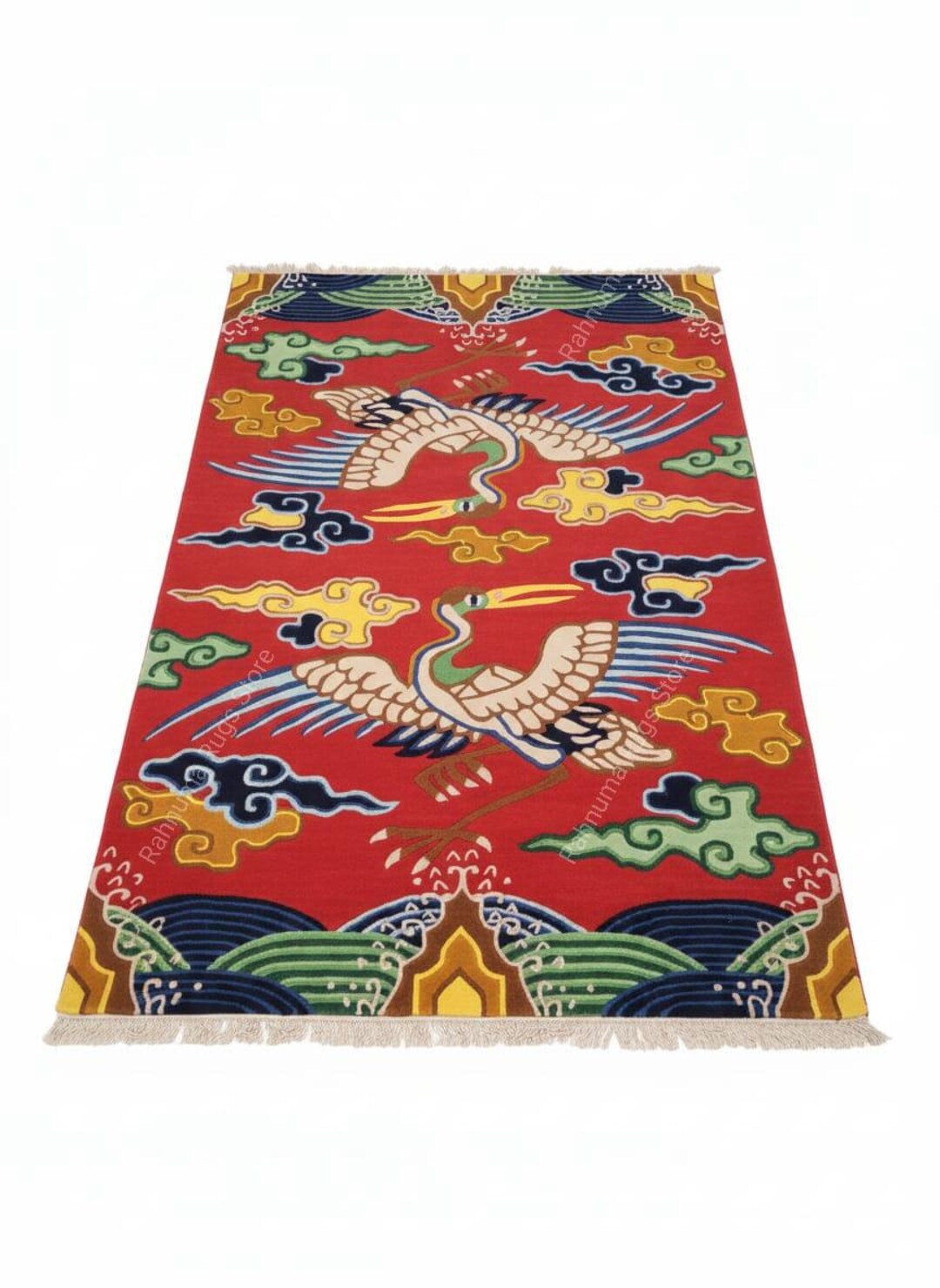 Luxury Red Tufted Rug With Crane Pattern Cultural Motif Red Tufted Home ...