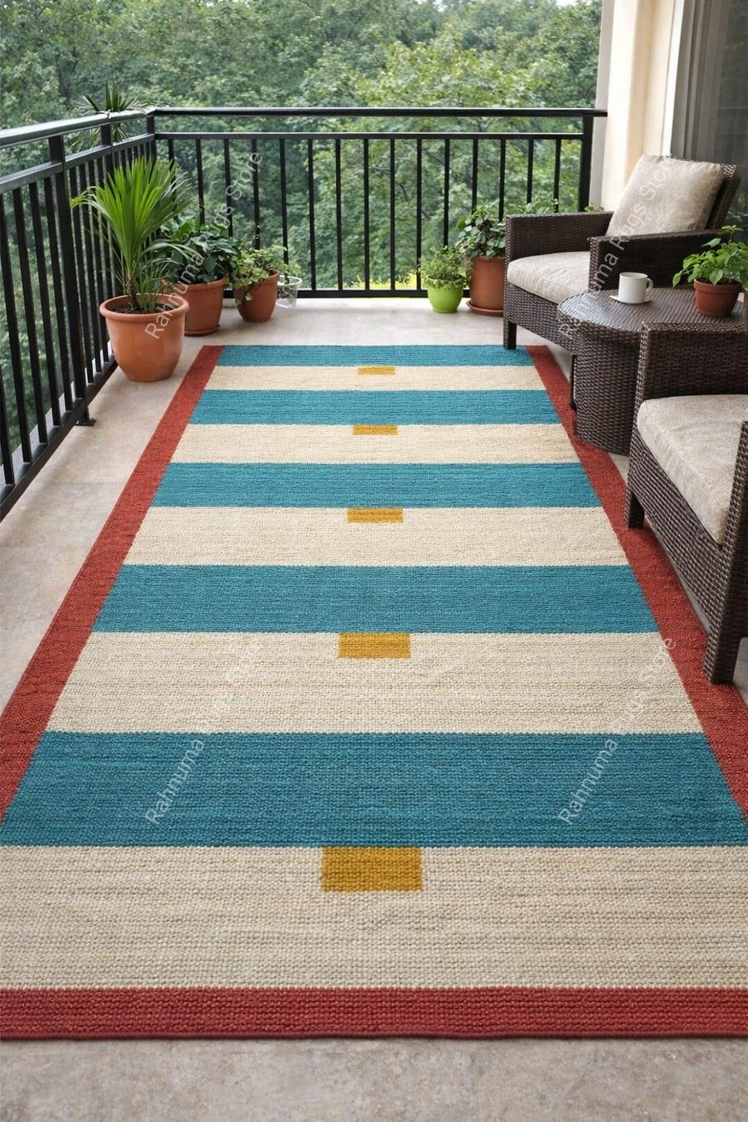 Teal and Ivory Flat Weave Cotton Dari Rug Soft Texture Handmade Dari ...