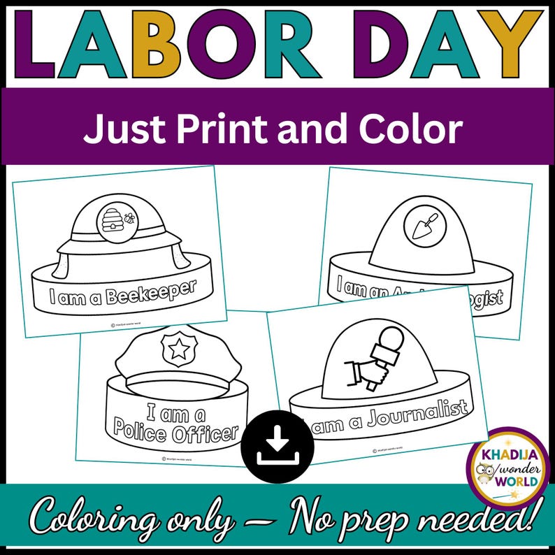 Labor Day Paper Hat Craft, Community Helpers Coloring Hats Craftivity ...