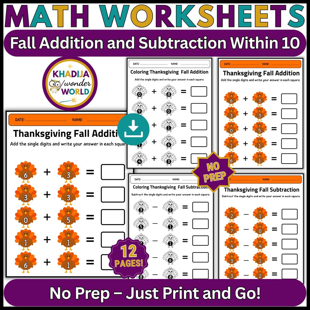 Thanksgiving Turkey Math Worksheets, Addition & Subtraction Within 10 ...