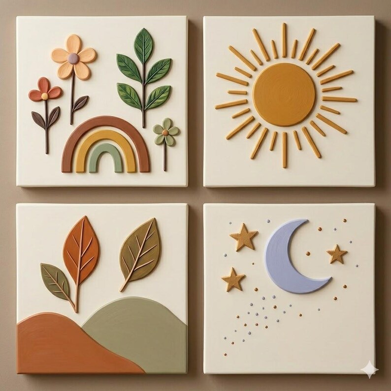 Boho Nursery Wall Art Panels | Rainbow Sun Moon Stars Decor Set - Etsy