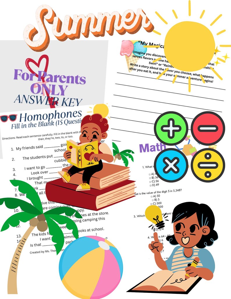 4th Grade Summer Learning Packet | Reading, Math, Sight Words, Writing ...