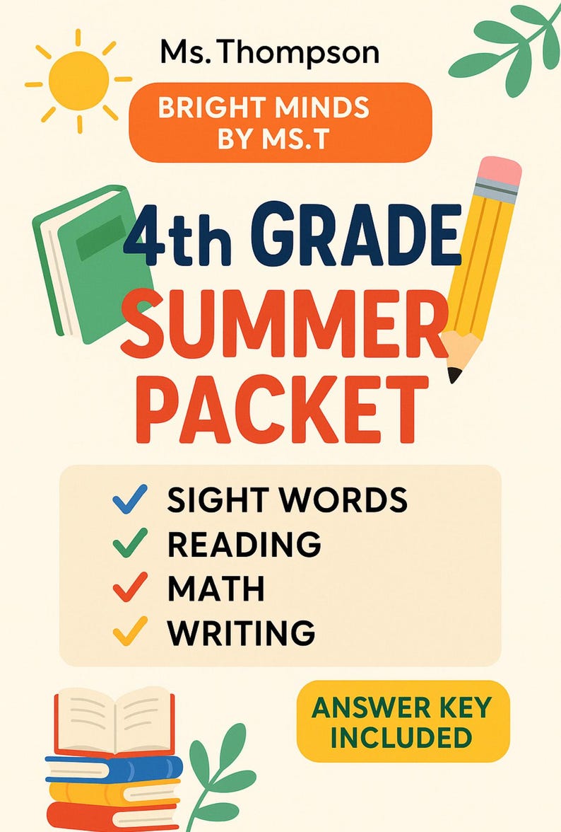 4th Grade Summer Learning Packet | Reading, Math, Sight Words, Writing ...