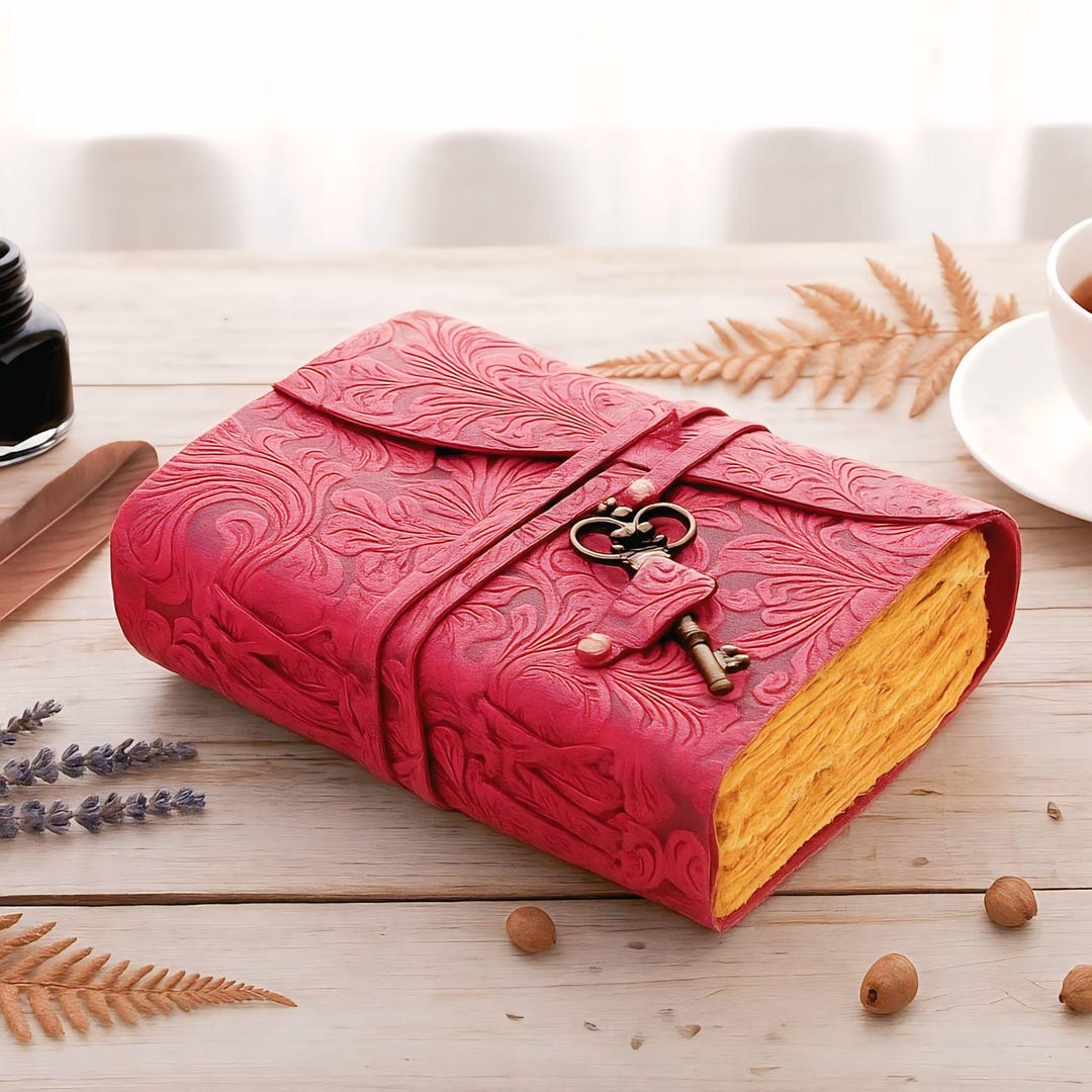 Pink Embossed Leather Journal With Key: Handmade Floral Notebook - Etsy