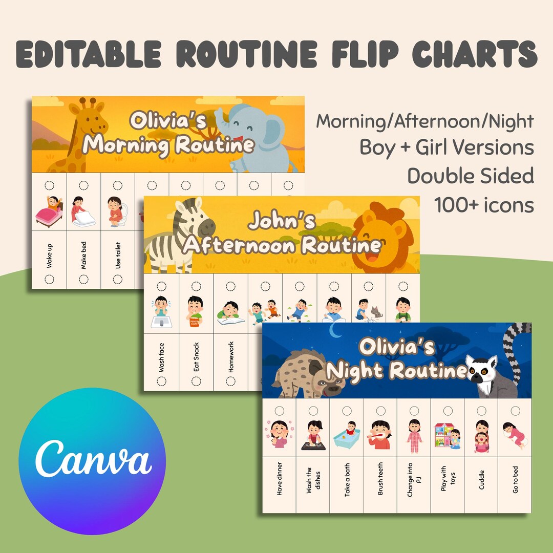 Editable Routine Flip Charts, Animals Visual Schedule for Kids, Morning ...