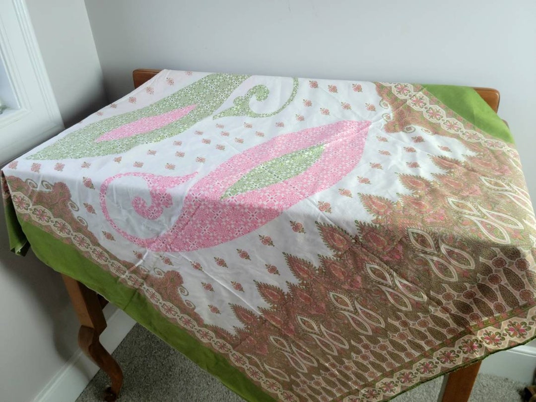 Large Vintage Rectangular Scarf Tablecloth. Pink, Green and Orange ...