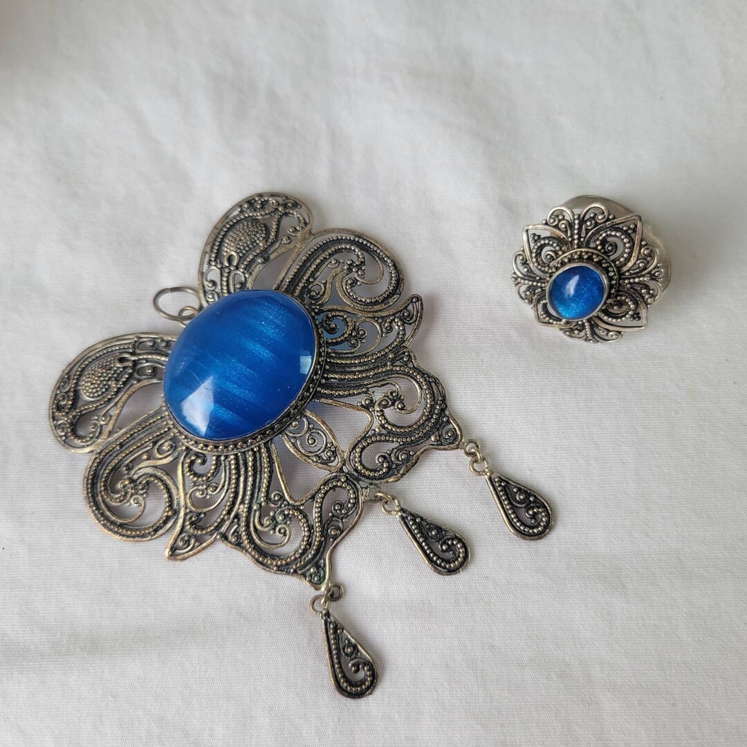 Vintage Silver & Blue Stone Pin Pendant and Matching Ring, Boho Costume ...