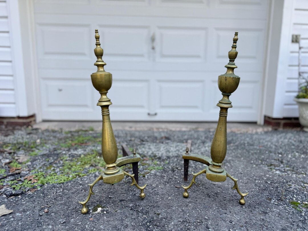 Antique Andirons Fire Dogs Brass and Cast Iron Log Holders Vintage ...