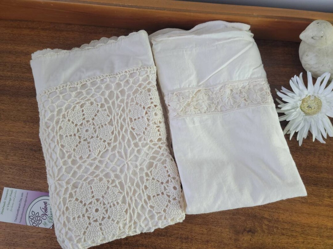 Vintage Cream Lace Pillow Shams Pair W/ Crochet Set of 2 Ecru Luxury Collection Country ...