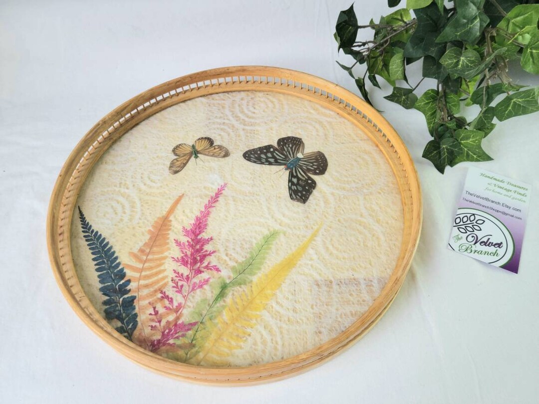 Vintage Wicker Butterfly Serving Tray W/ Pressed Butterflies. Breakfast ...