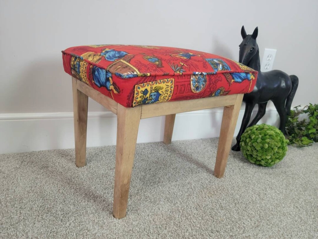 Vintage Red Upholstered Stool With Wood Legs. Vintage Bench Ottoman - Etsy
