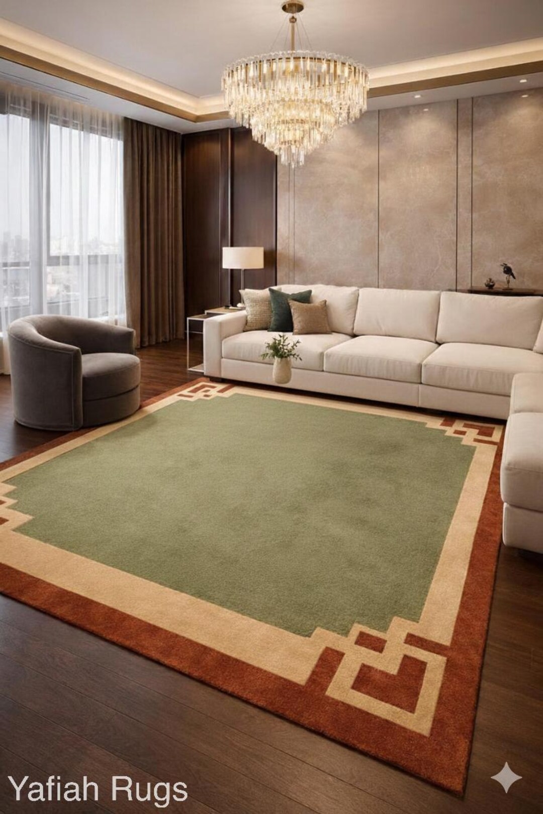 Sage Green Wool Rug – Hand Tufted Geometric Border, Custom Size - Etsy
