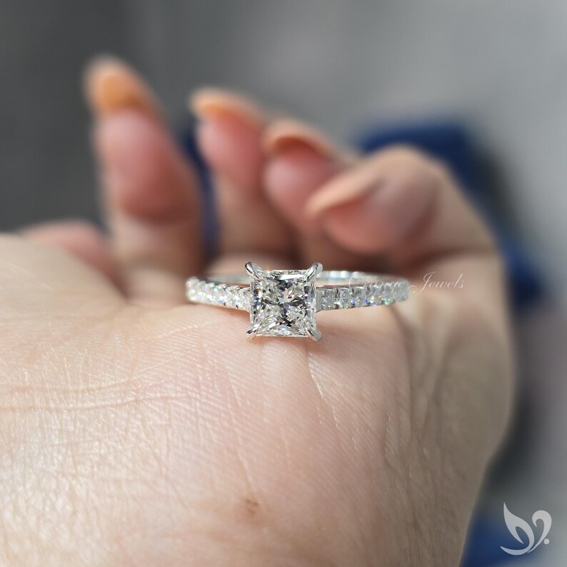 1 Carat Princess Cut Lab Grown Diamond Engagement Ring, Cathedral Ring ...