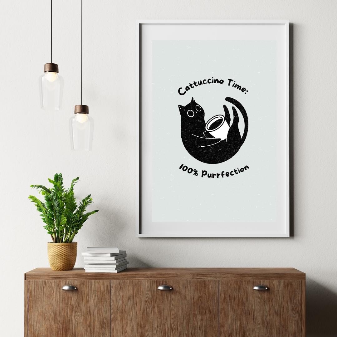 Cattuccino Digital Art Print – Cute Cat Coffee Poster - Funny Cat Wall ...